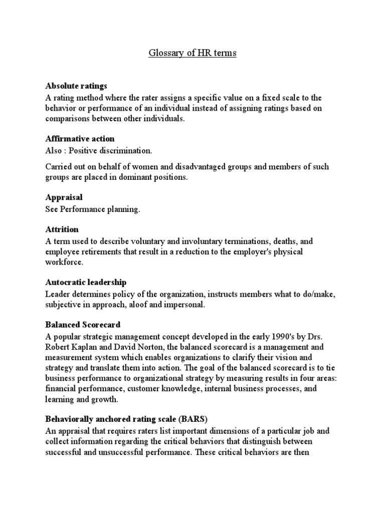 HR Terms Glossary for Professionals | PDF | Employment | Performance ...