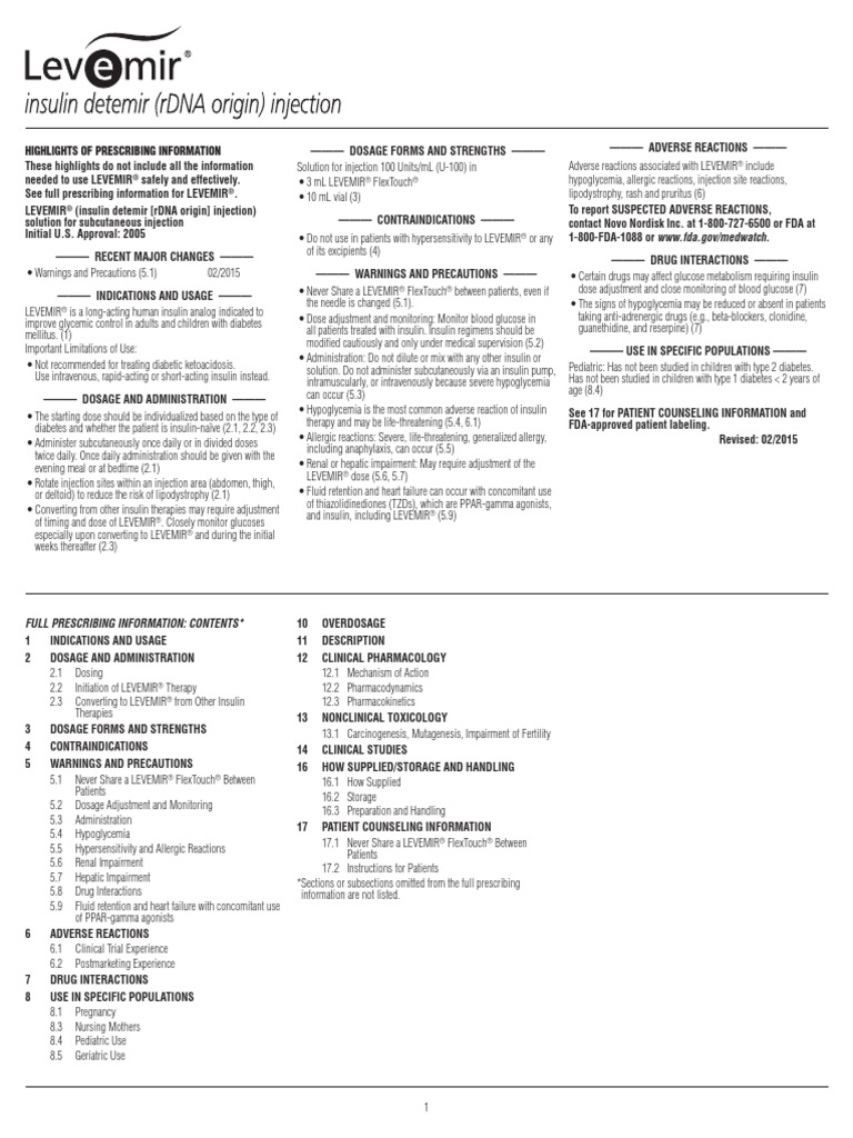 Levemir Product Insert PDF | PDF | Hypoglycemia | Diabetes Management
