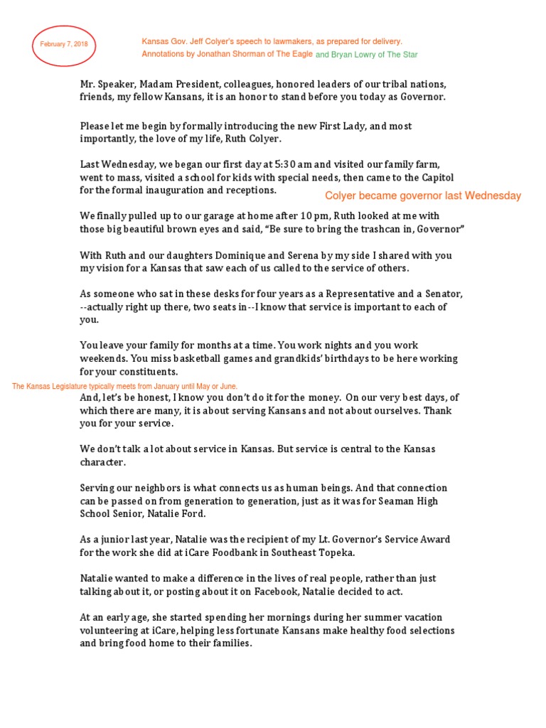 Colyer's Speech, With Notes | PDF | Kansas | Sam Brownback