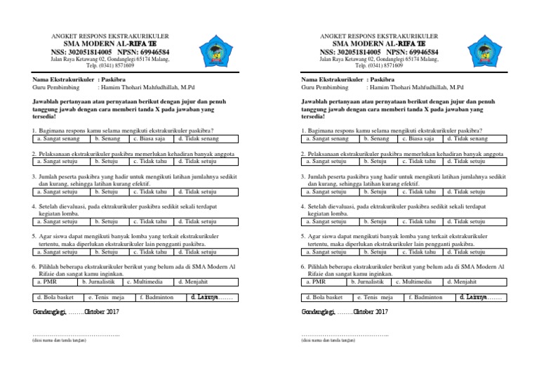 Angket Respons Ekstrakurikuler | PDF