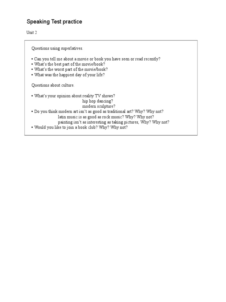 Speaking Test Practice: Unit 2 | PDF