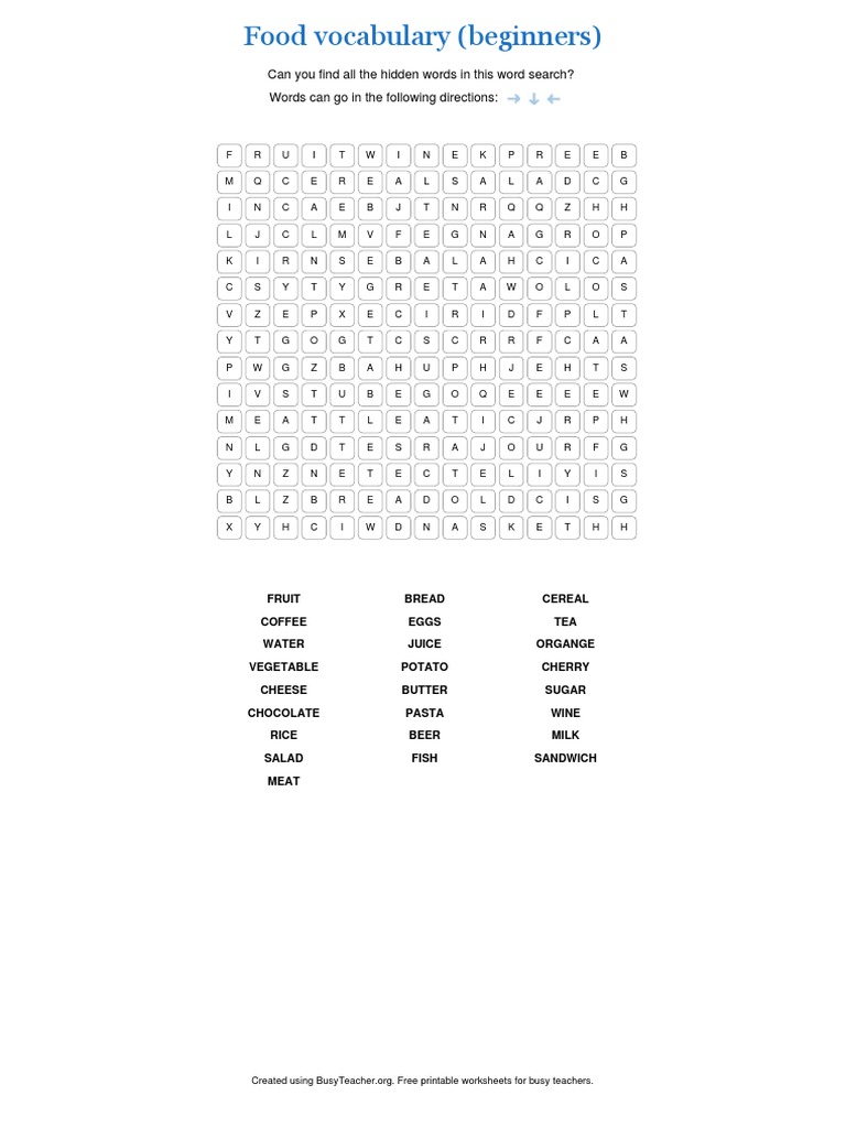 Beginner Food Word Search | PDF | Breads | Juice