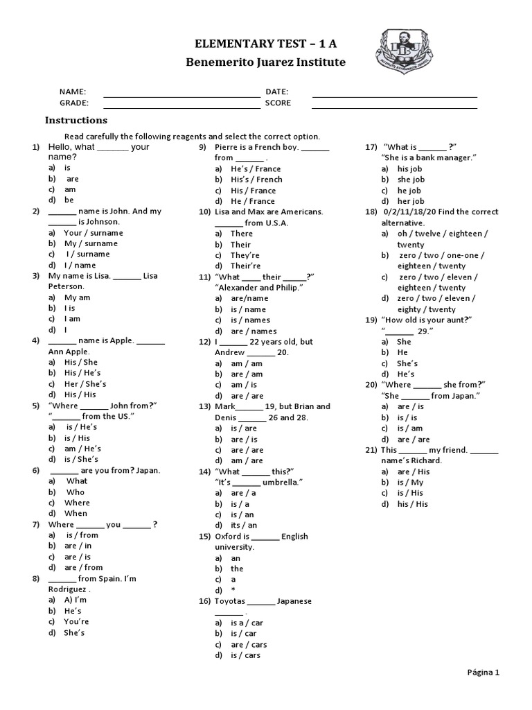 Elementary Test 1A | PDF