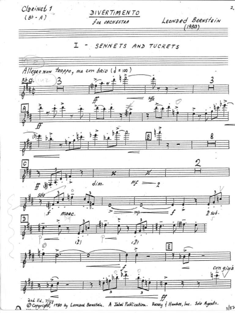 Bernstein Divertimento Clarinet 1 | PDF