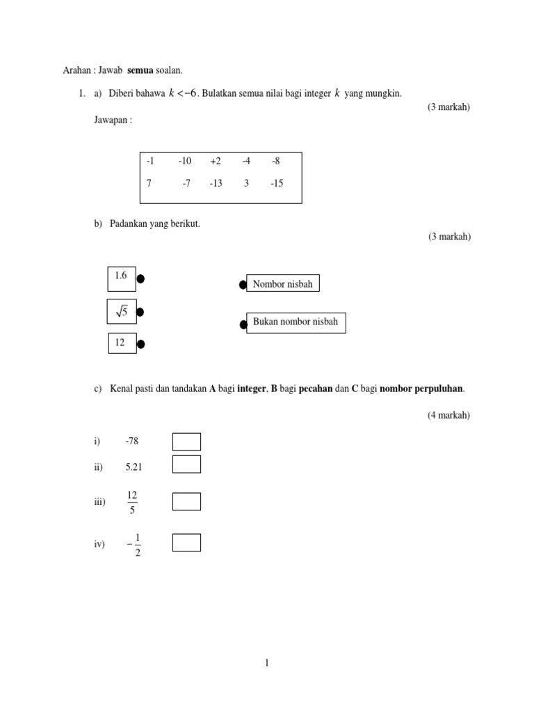 Soalan Matematik Tingkatan 1 | PDF