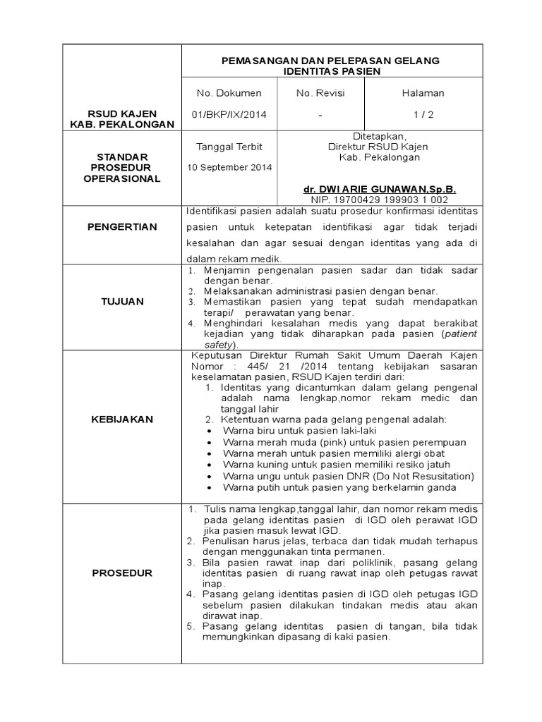 Sop Pemasangan Dan Pelepasan Gelang Identitas Pasien | PDF | Sains & Matematika