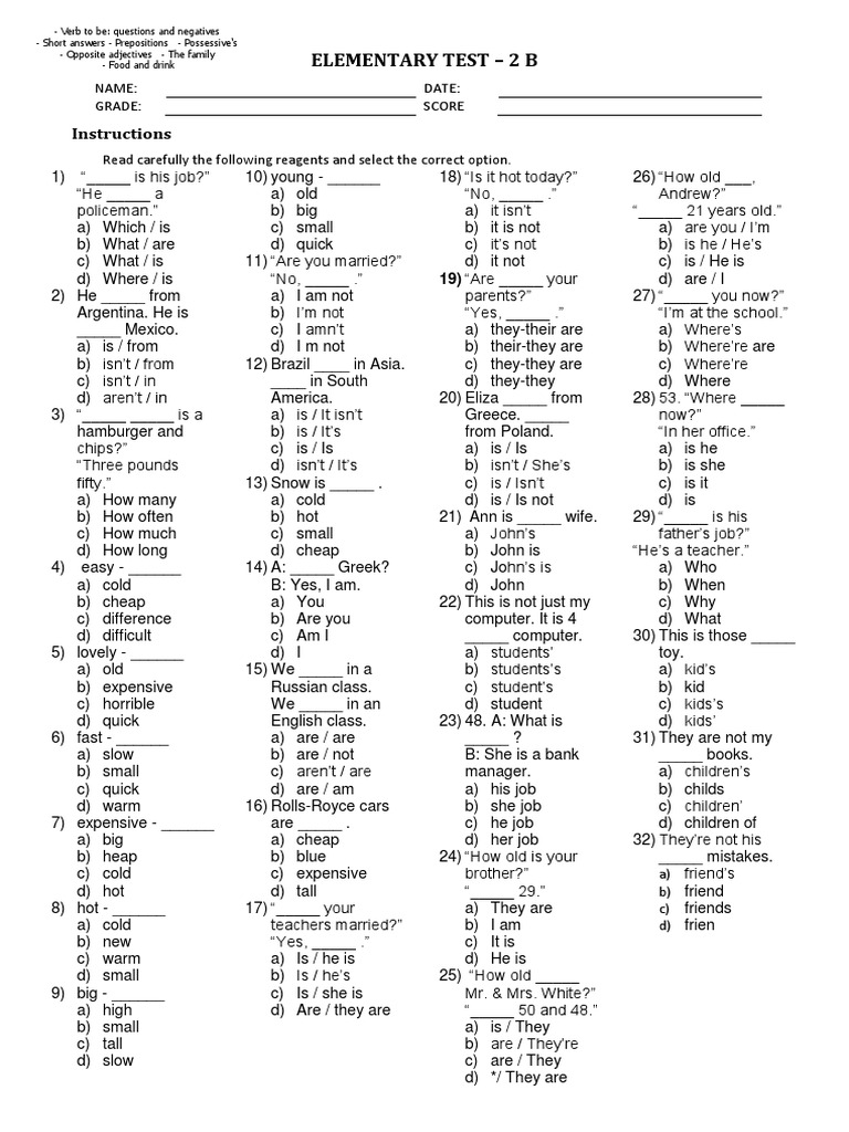 Elementary Test 2 B | Download Free PDF | Languages | Language Arts ...