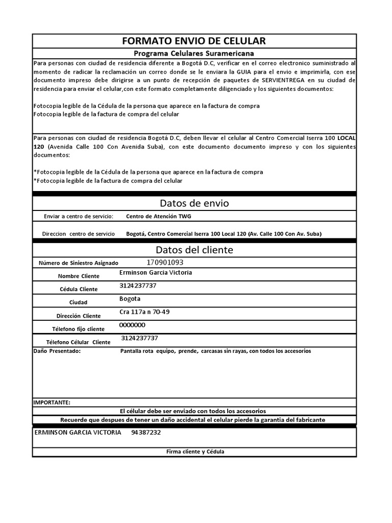 Formato de Envio de Celulares | PDF