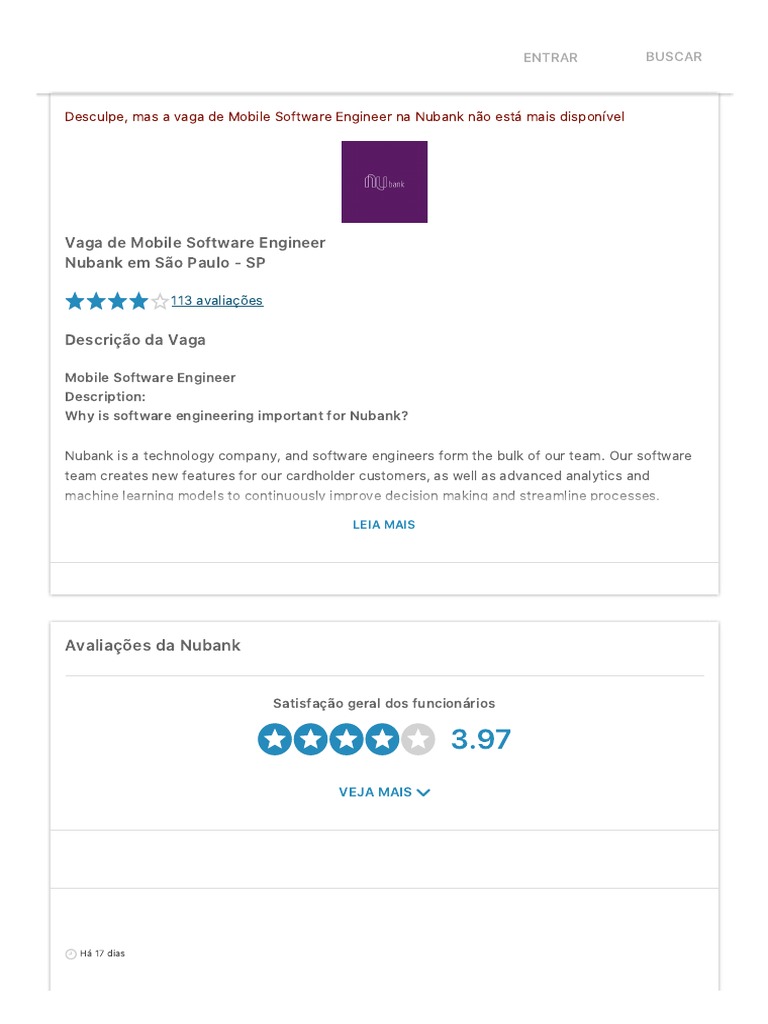 Vaga de Mobile Software Engineer Na Nubank em São Paulo | PDF | Empresa Startup | Microempresas ...