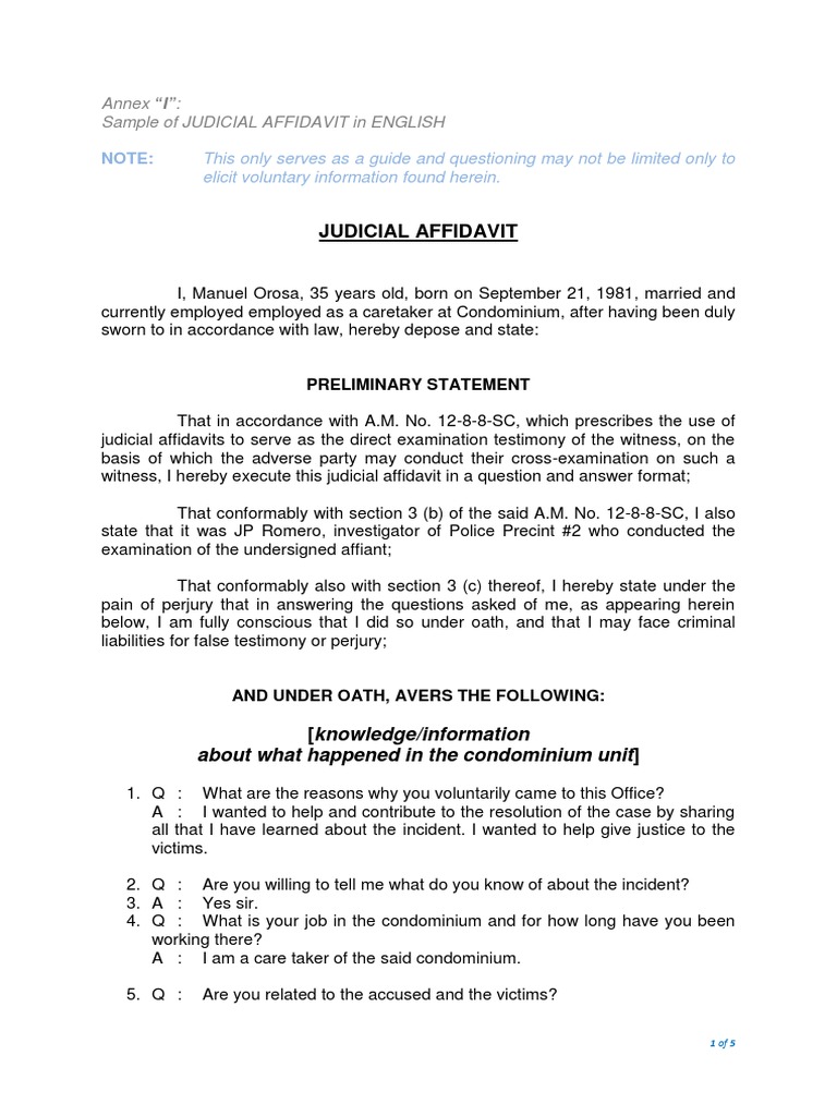 Sample Judicial Affidavit - Practice Court | PDF | Affidavit | Perjury
