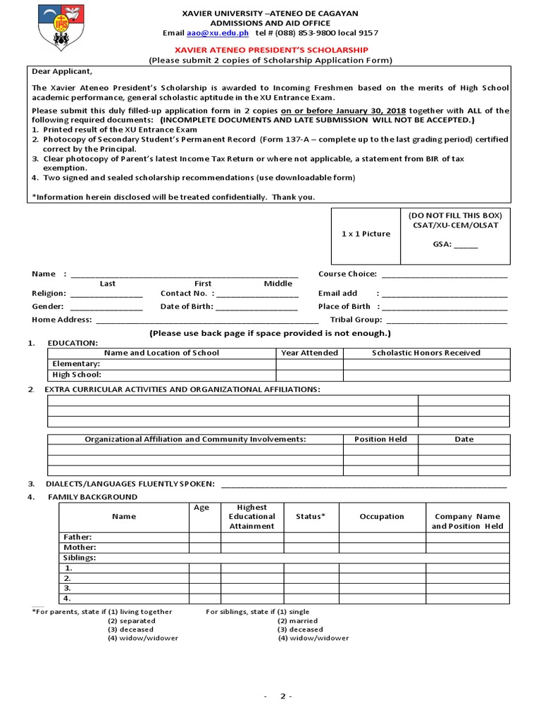 (Please Submit 2 Copies of Scholarship Application Form) : Xavier ...