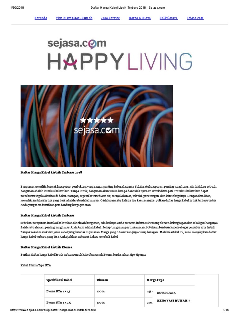 Daftar Harga Kabel Listrik Terbaru 2018 - Sejasa | PDF