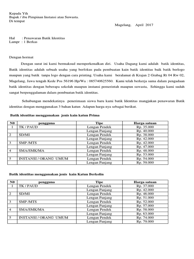 Proposal Penawaran Seragam Batik Identitas 1 | PDF