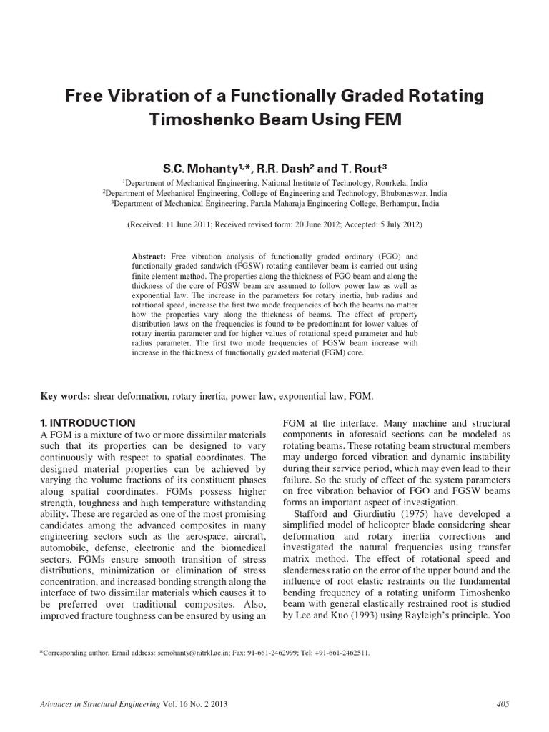 Free Vibration of A Functionally Graded Rotating Timoshenko Beam Using FEM PDF | PDF | Beam ...