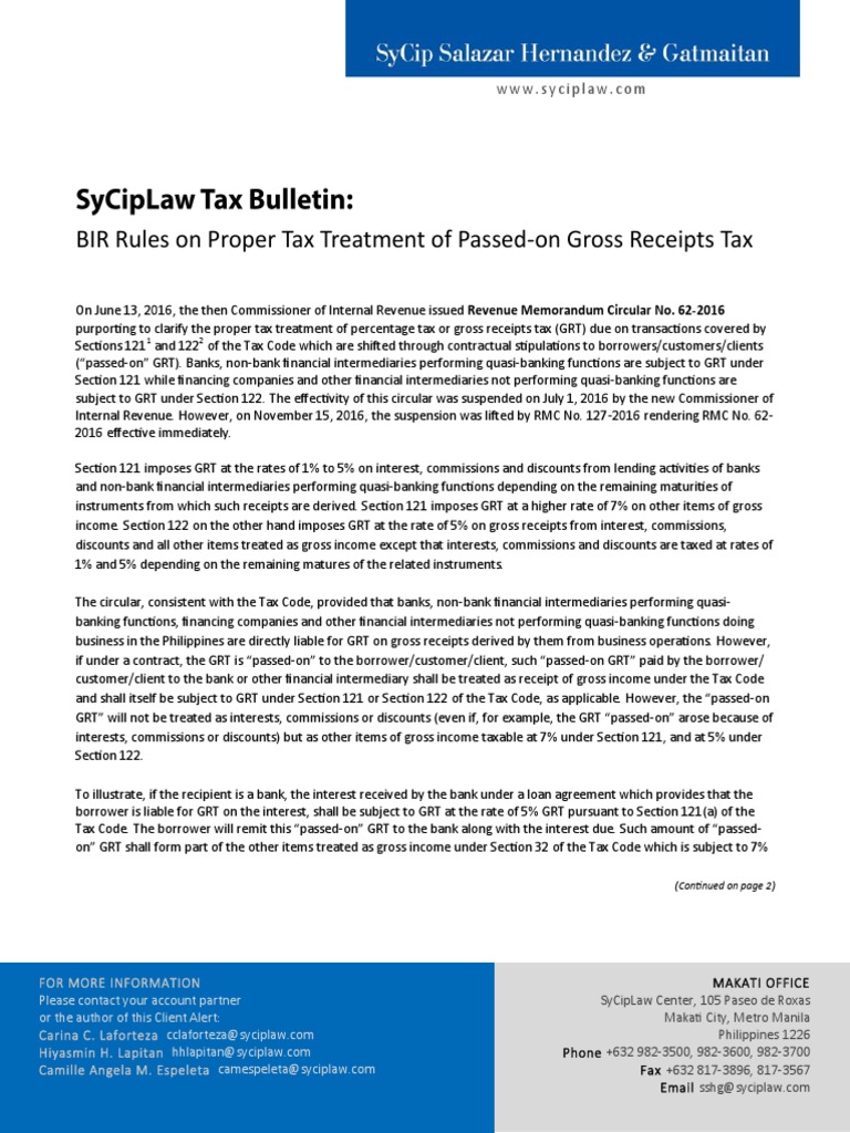 BIR Rules On Proper Tax Treatment of Passed On Gross Receipts Tax | PDF ...