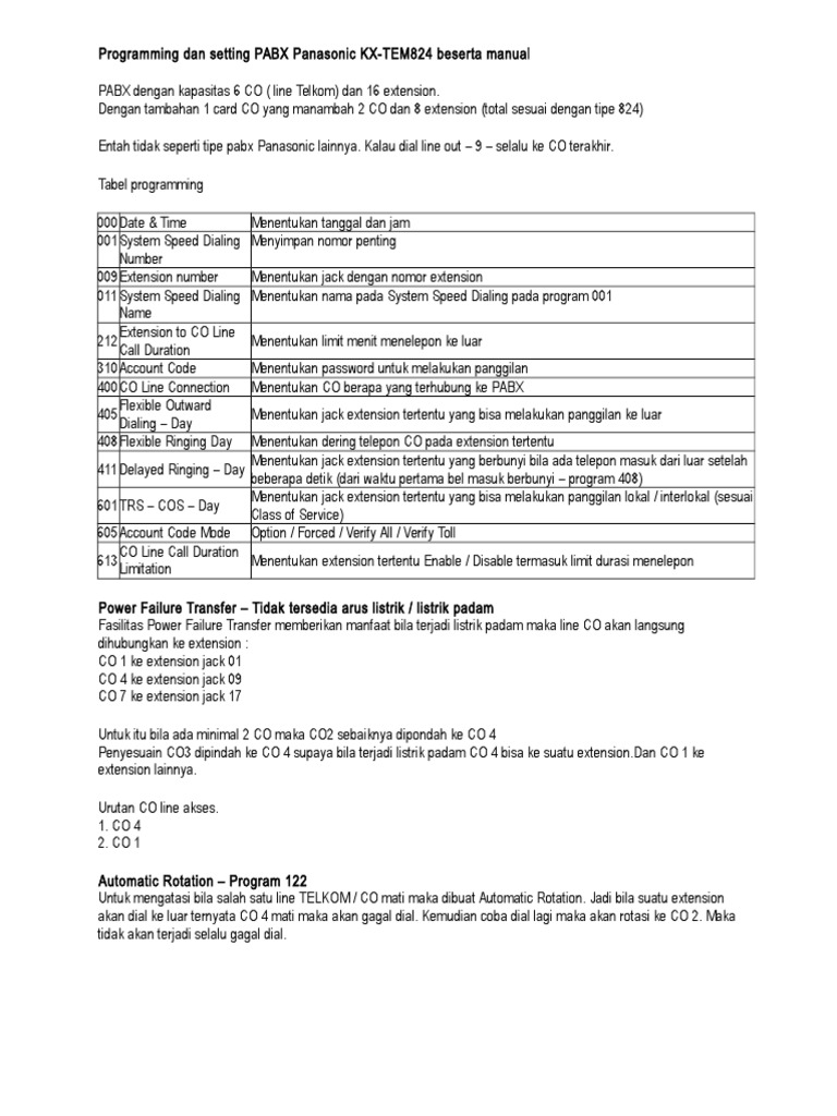 Programming Dan Setting PABX Panasonic KX | PDF