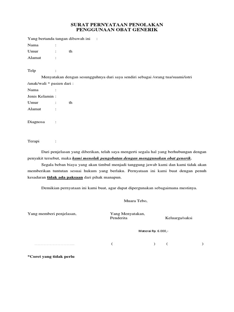 Surat Pernyataan Penolakan Obat Generik Pdf