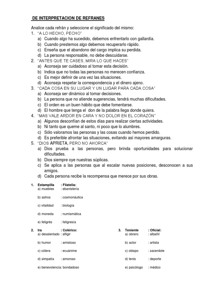 Taller de Interpretacion de Refranes | PDF