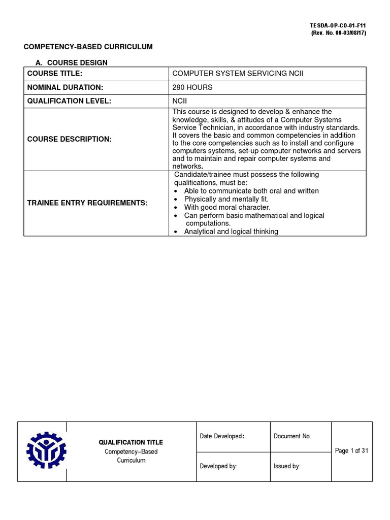 Competency Based Curriculum For Computer System Servicing NCII | PDF ...