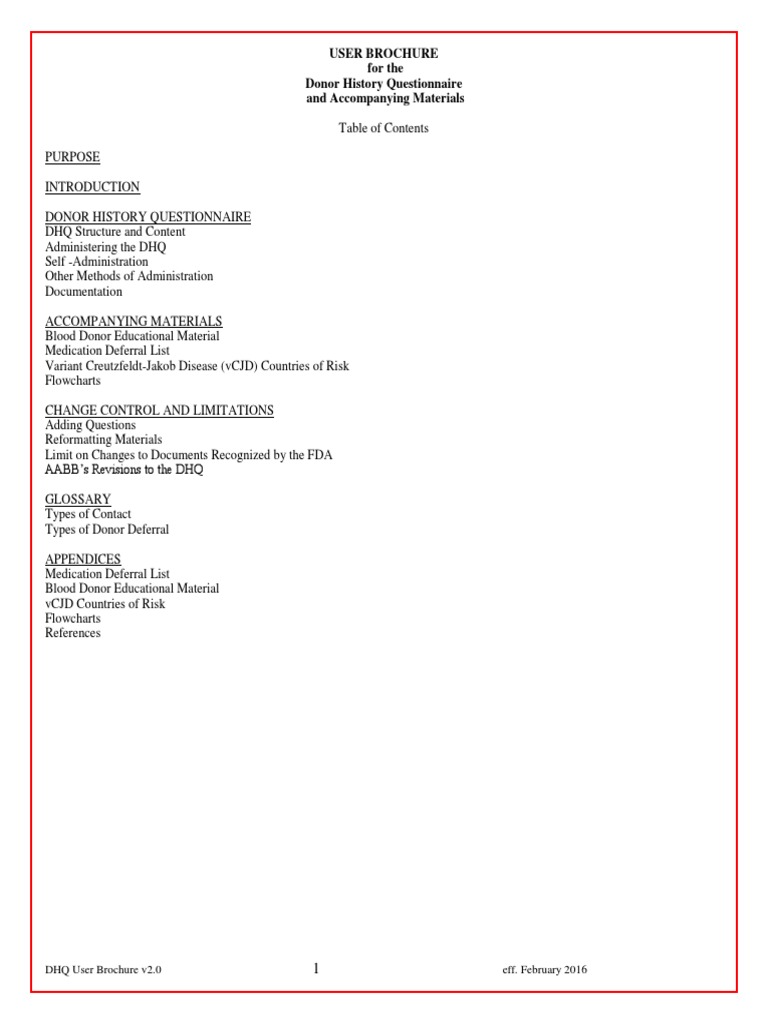 User Brochure For The Donor History Questionnaire and Accompanying ...