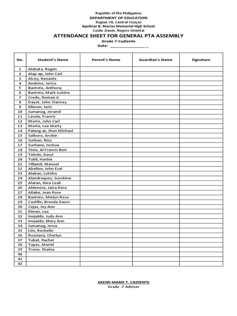 Attendance Sheet For Pta Meeting | PDF