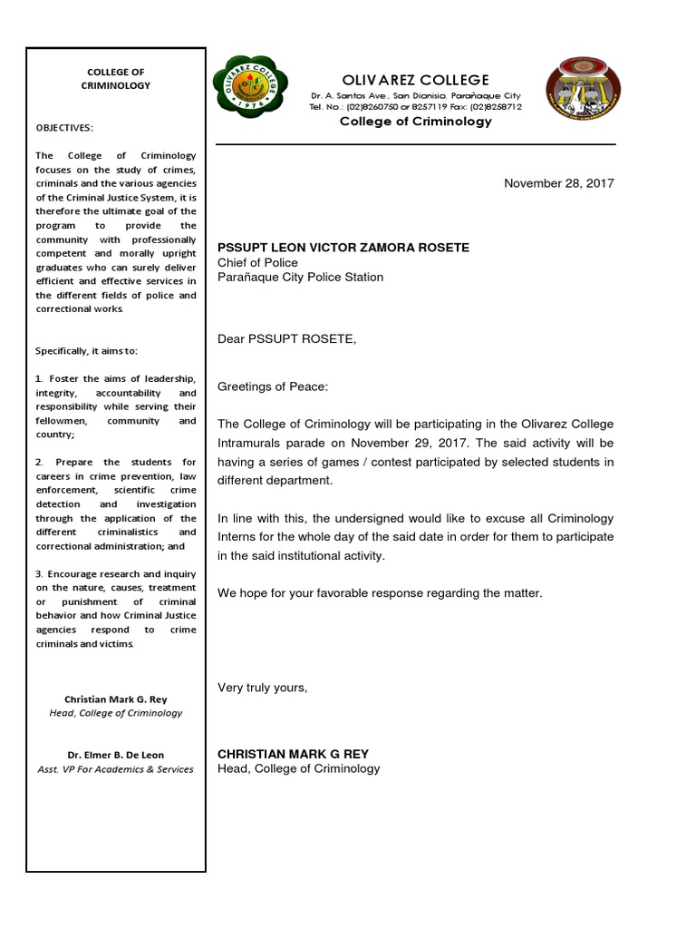 Excuse Letter For Intrams | PDF | Criminal Justice | Crime & Violence