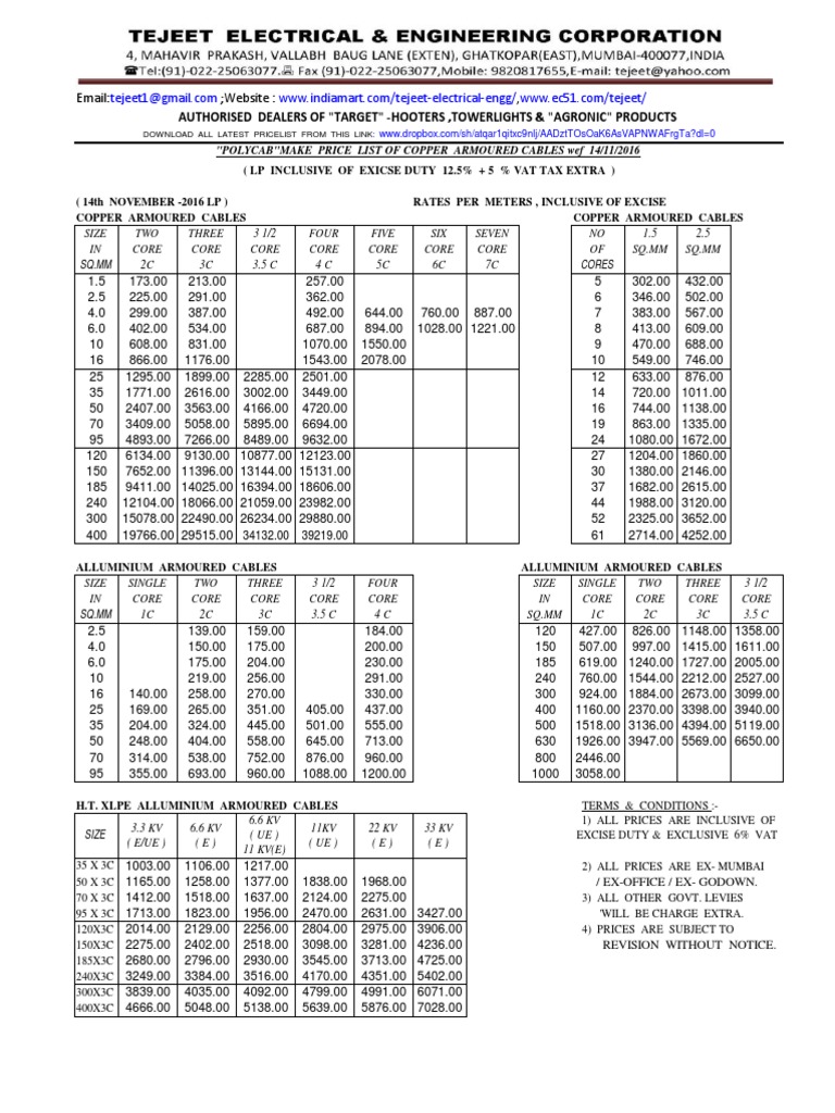 Polycab Armoured Cables Price List Wef 14-11-2016 Customer | PDF ...