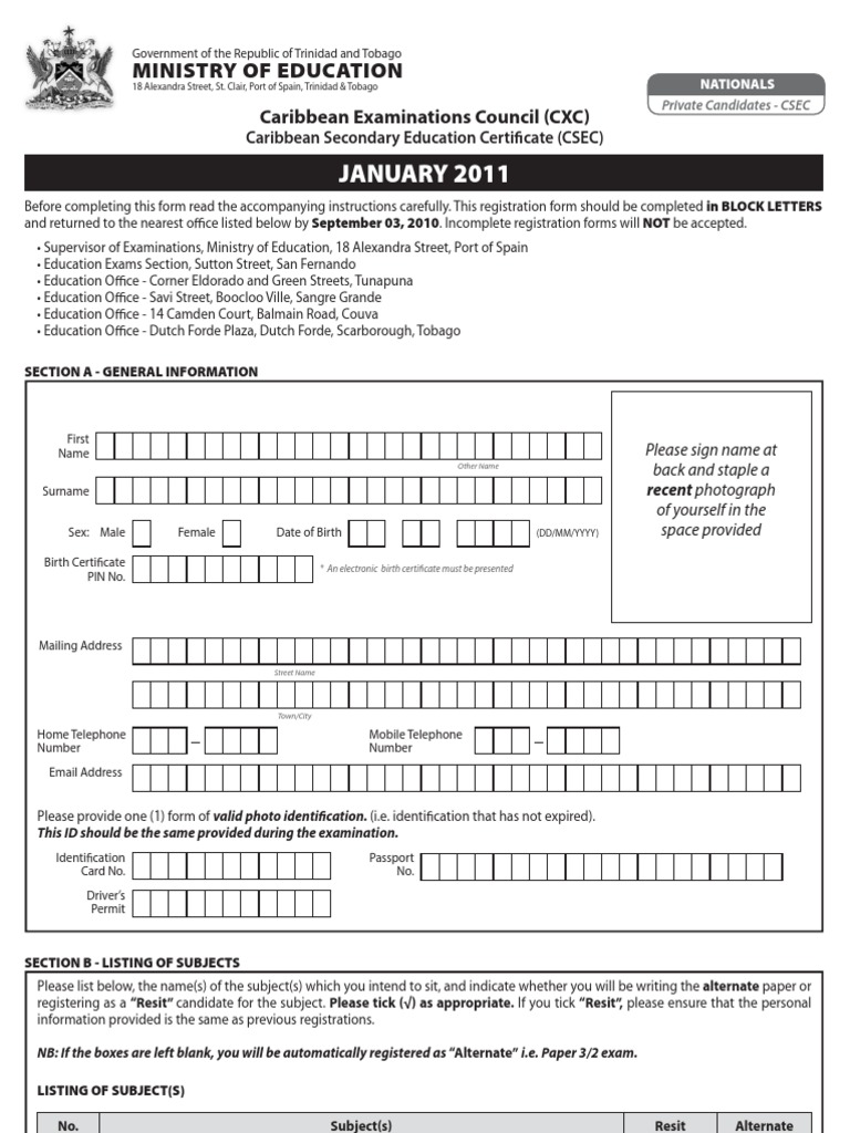 CSEC Private Candidate Registration Form | PDF | Identity Document ...