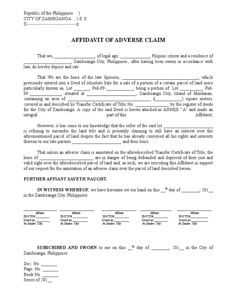 Affidavit of Adverse Claim | PDF | Affidavit | Private Law
