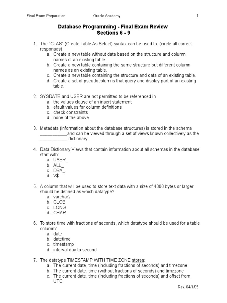 DP s16 l03 FinalExamReviewSections6 To 9 | PDF | Table (Database) | Data Management Software