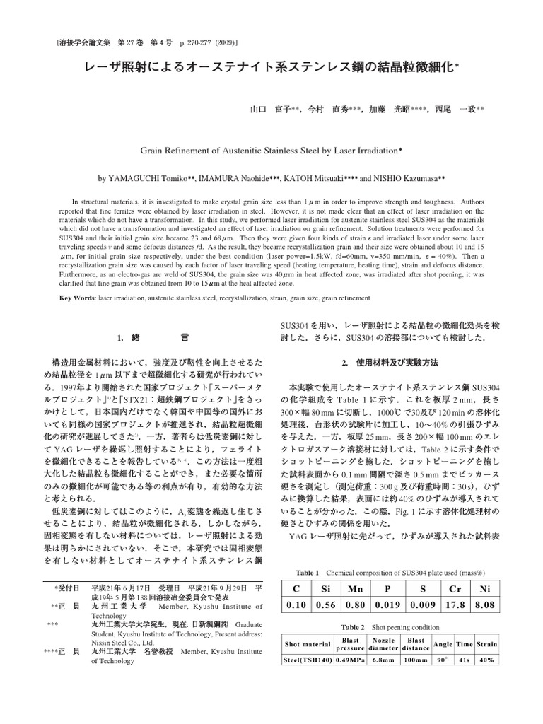 Grain Refinement of Austenitic Stainless Steel by Laser Irradiation ...