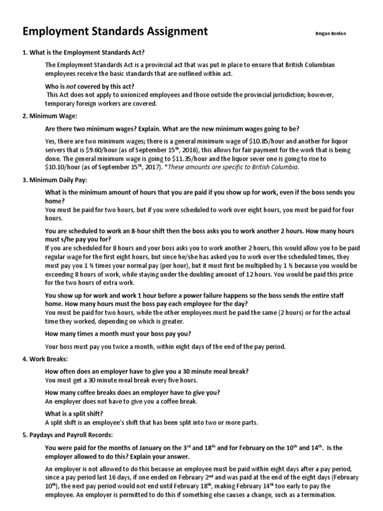 Employment Standards Assignment | PDF | Layoff | Employment