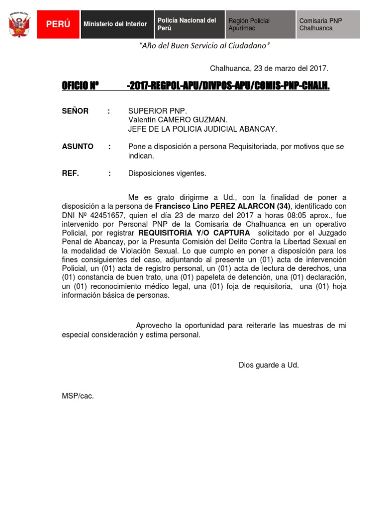 Oficio Pone A Disposicion RQ | PDF | Policía | Perú Oficio Pone A Disposicion RQ | PDF | Policía | Perú