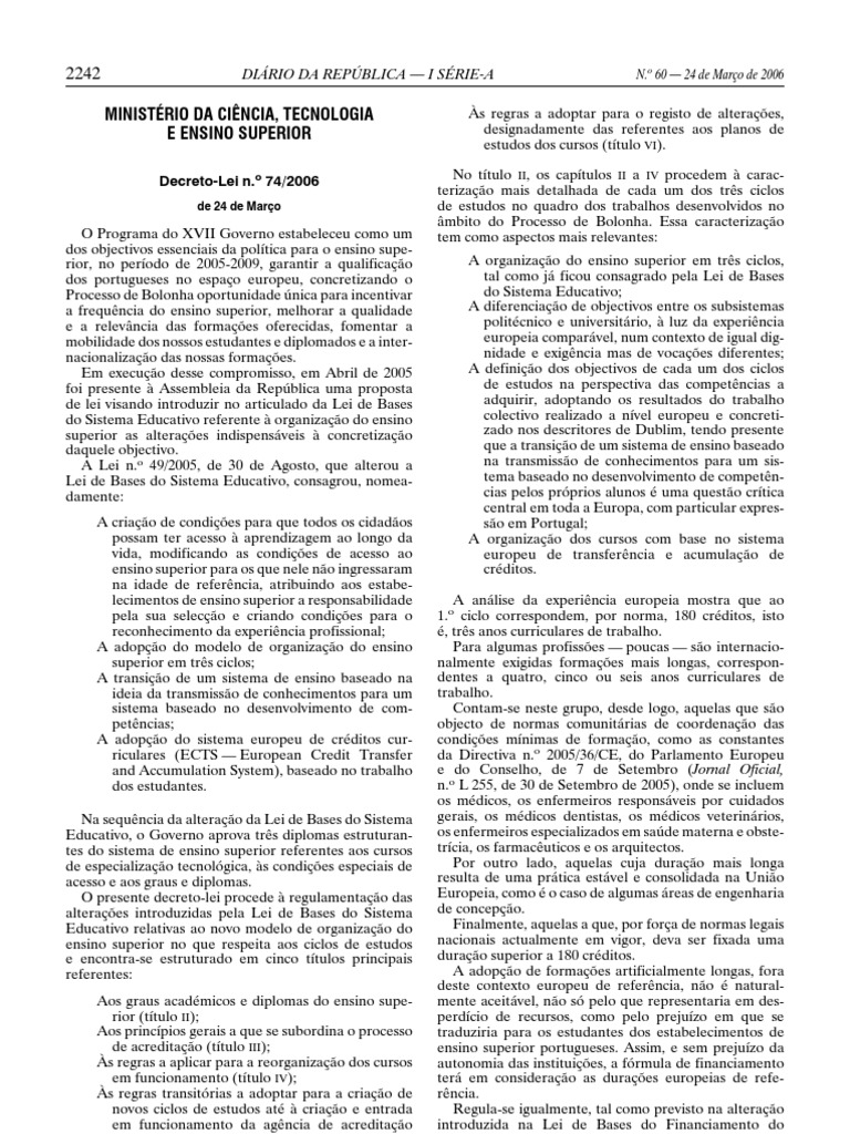 Dl74 2006 Tratado de Bolonha | PDF