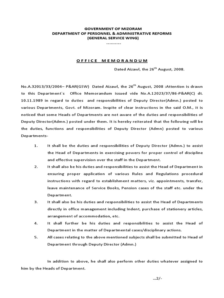 Deputy Director (Admn) Responsibilities | PDF | Government | Government ...