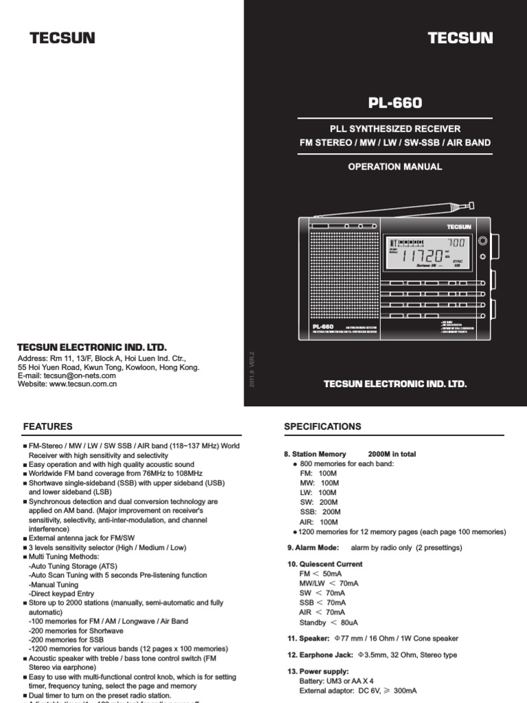 Manual RADIO TECSUN PL ) PDF | PDF | Am Broadcasting | Battery ...