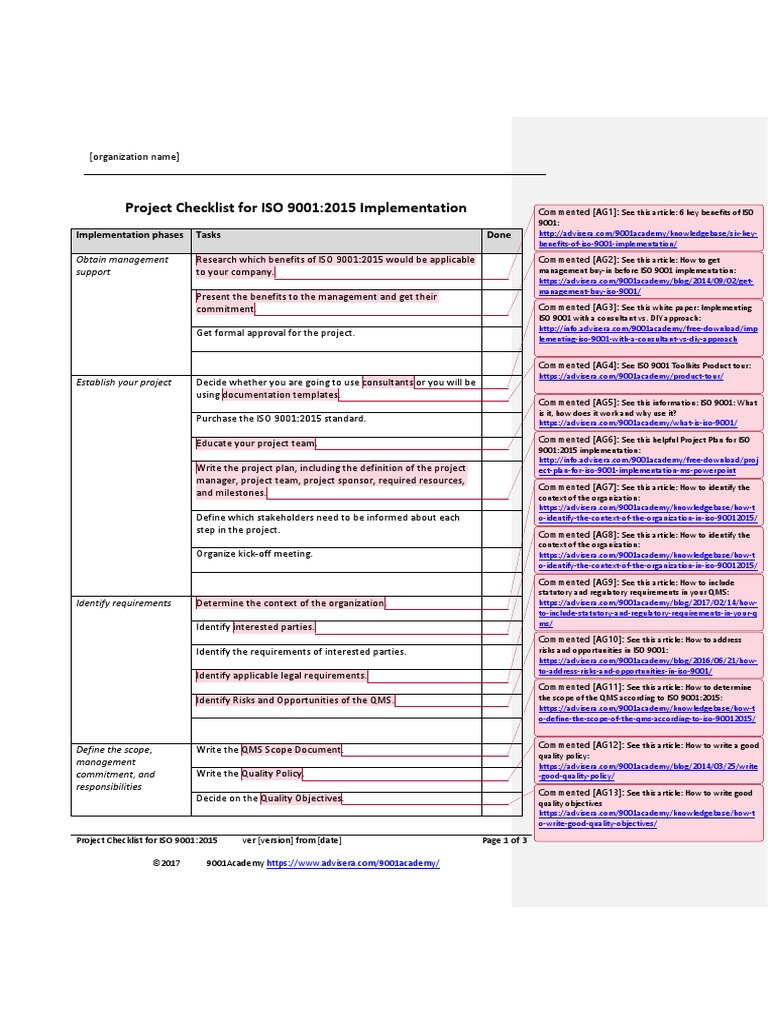 Project Checklist for ISO 9001 Implementation En | Internal Audit | Iso ...