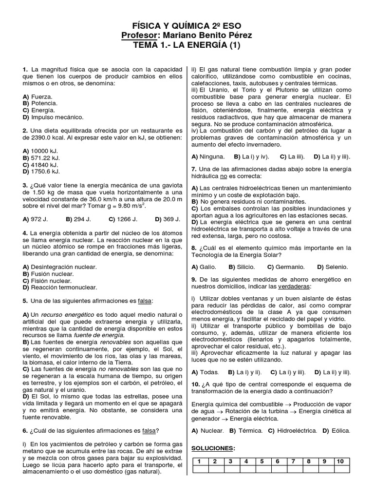 Tema 1. - La Energía. TEST. | PDF | La energía nuclear | Energía solar