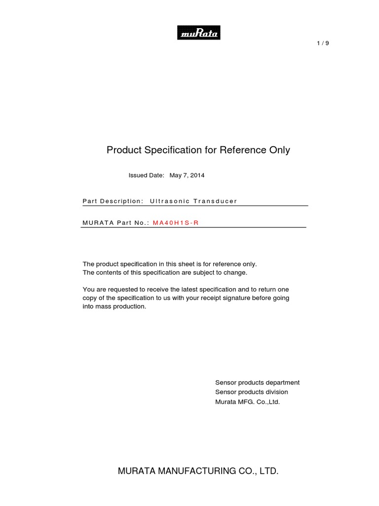 SMD 40kHz Ultrasonic Transducer MA40H1SR RevGMay 7 2014 | PDF ...
