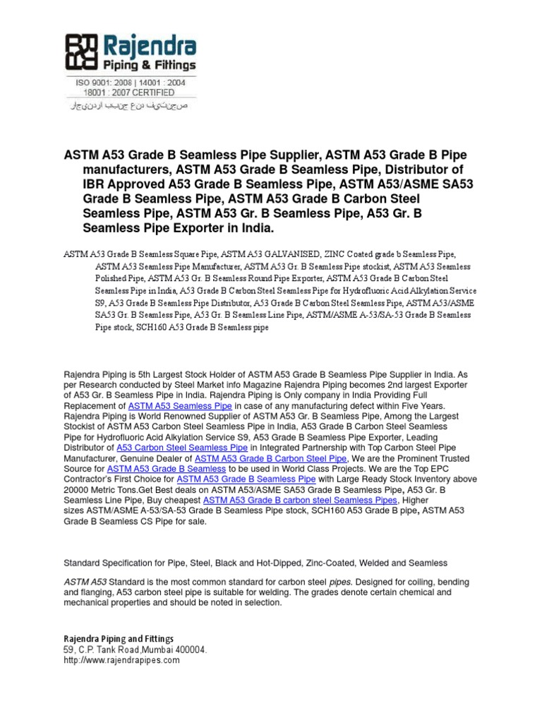 Astm A53 Grade B Pipe Manufacturers | PDF | Pipe (Fluid Conveyance ...