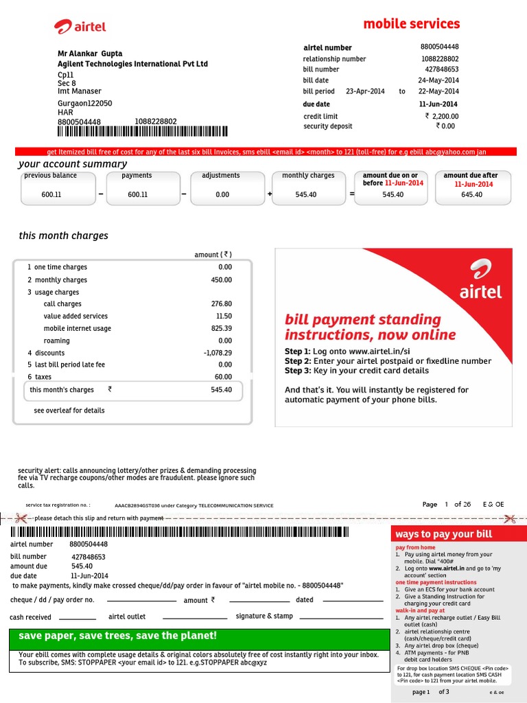 Airtel Monthly Bill Summary and Charges | PDF | Invoice | Cheque