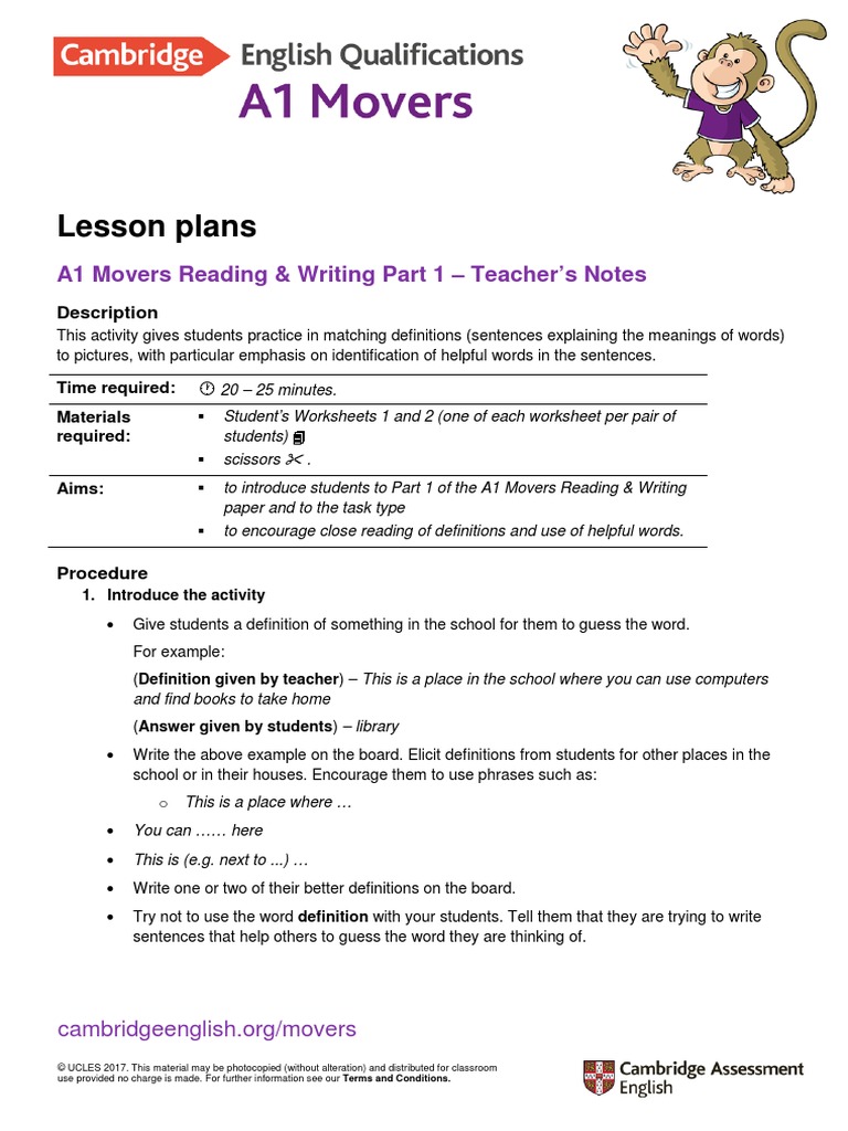 A1 Movers 2018 Lesson Plan Reading and Writing Part 1 | PDF | Lesson ...