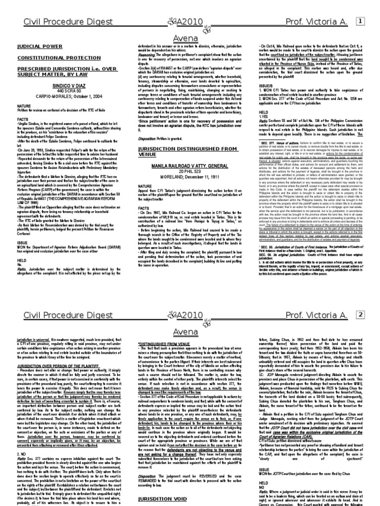 Civil Procedure Digest | PDF | Lawsuit | Jurisdiction