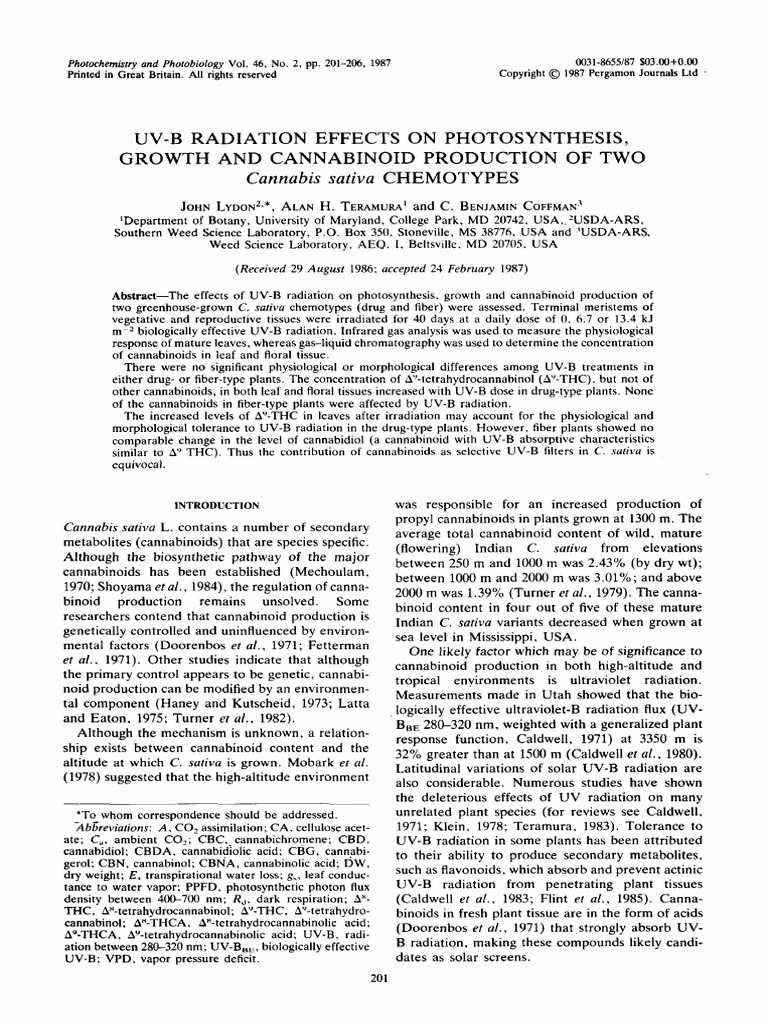 UV-B RADIATION EFFECTS ON PHOTOSYNTHESIS, Growth and Cannabinoid Production of Two Cannabis ...