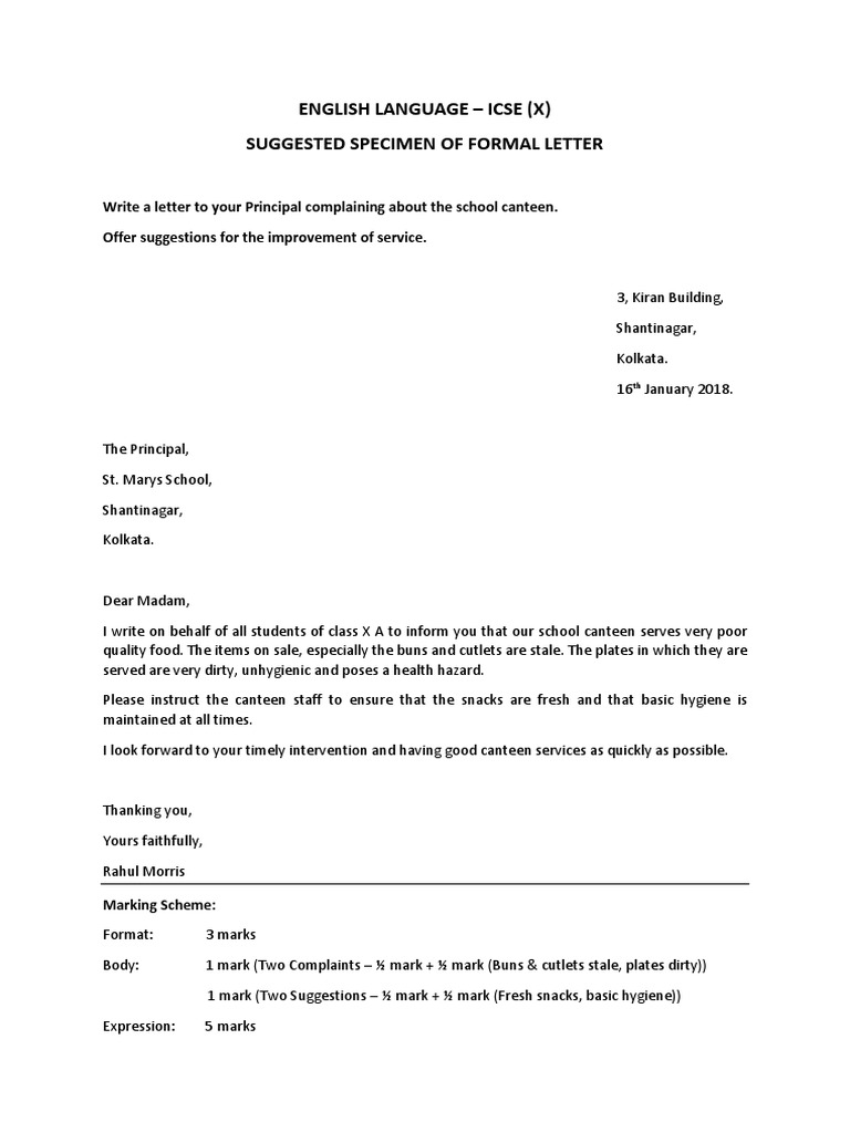 English Language - Icse (X) Suggested Specimen of Formal Letter | PDF