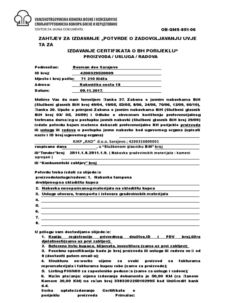 OB-QMS-851-06 Zahtjev Za Preferencijalnu - Potvrdu Javne Nabavke | PDF