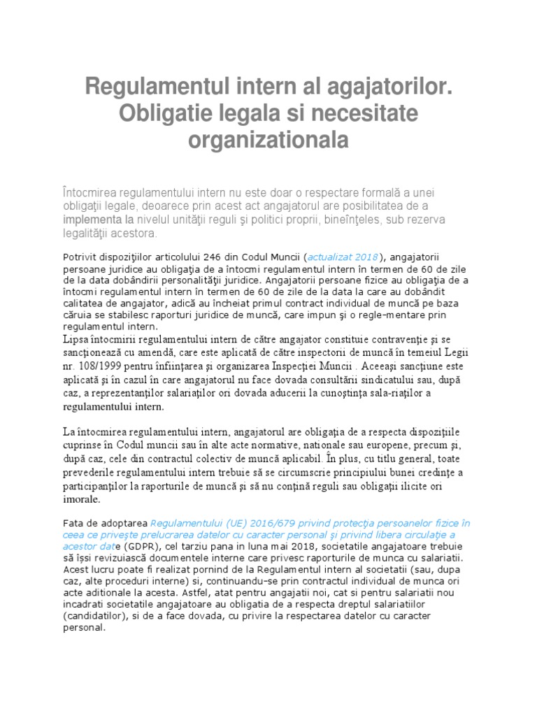 Regulament Intern 2018 | PDF