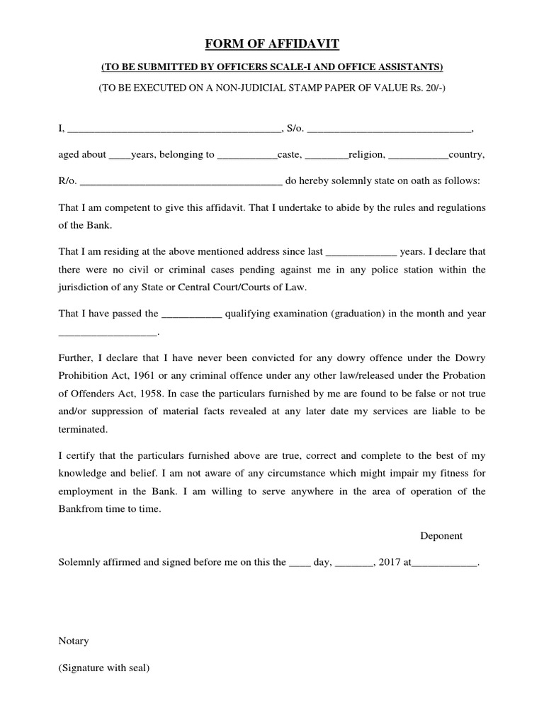 Form of Affidavit: (To Be Executed On A Non-Judicial Stamp Paper of ...