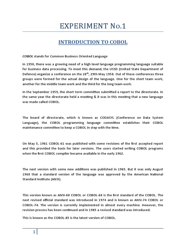 Experiment No 1 Introduction To Cobol Pdf Computer File Databases