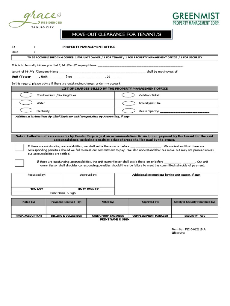 Move-Out Clearance For Tenant/S: Additional Instructions by Chief ...
